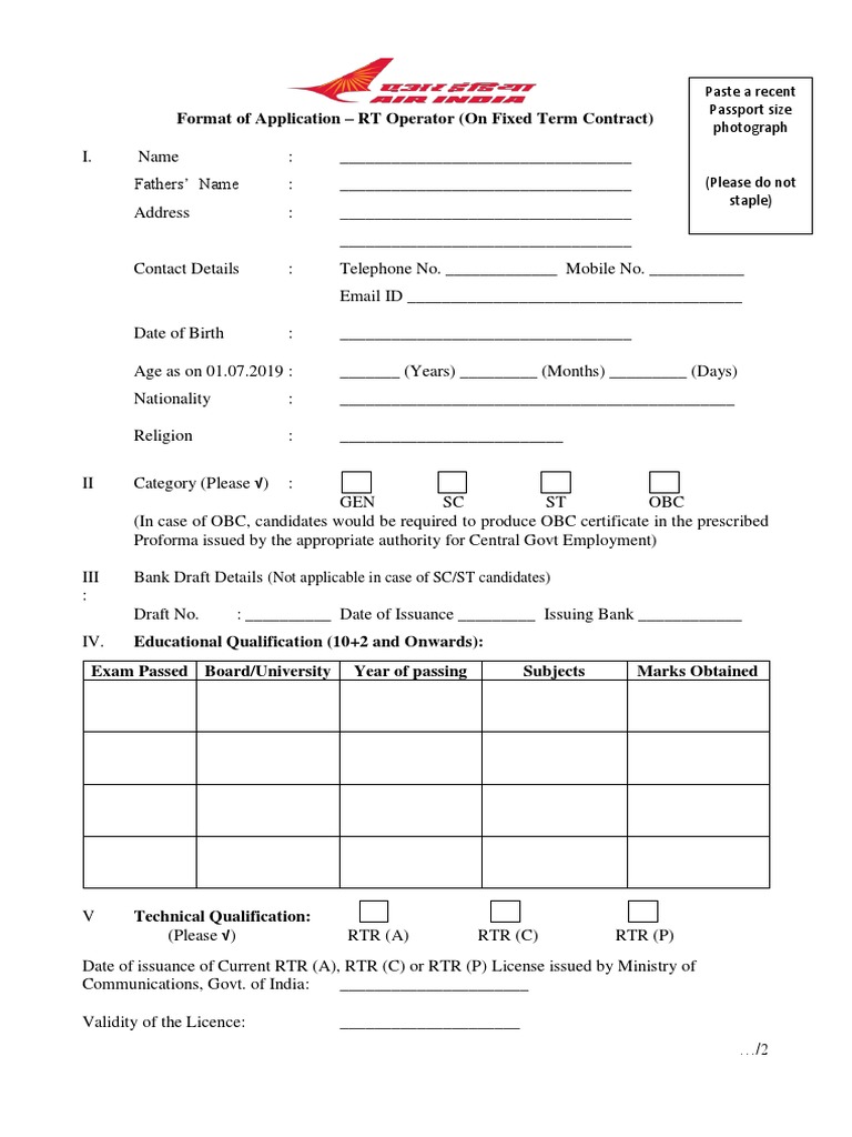 Format of Application - RT Operator (On Fixed Term Contract) | PDF ...