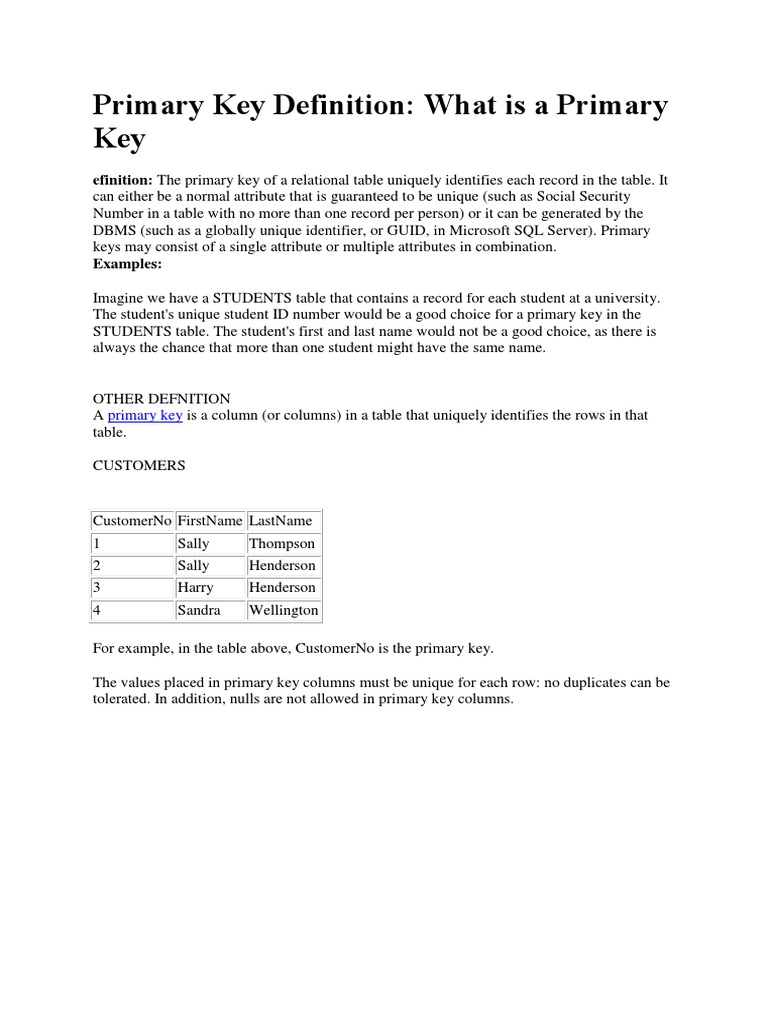 Primary Key Definition | PDF