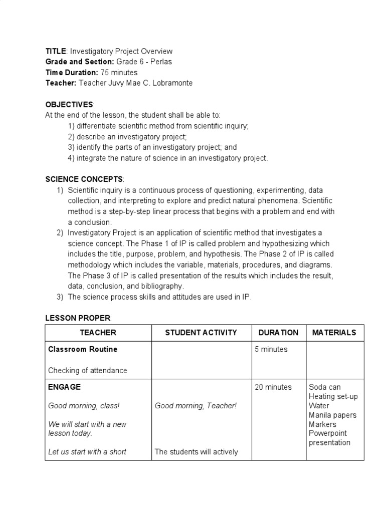 Lesson Plan: Investigatory Project Overview | PDF | Scientific Method ...