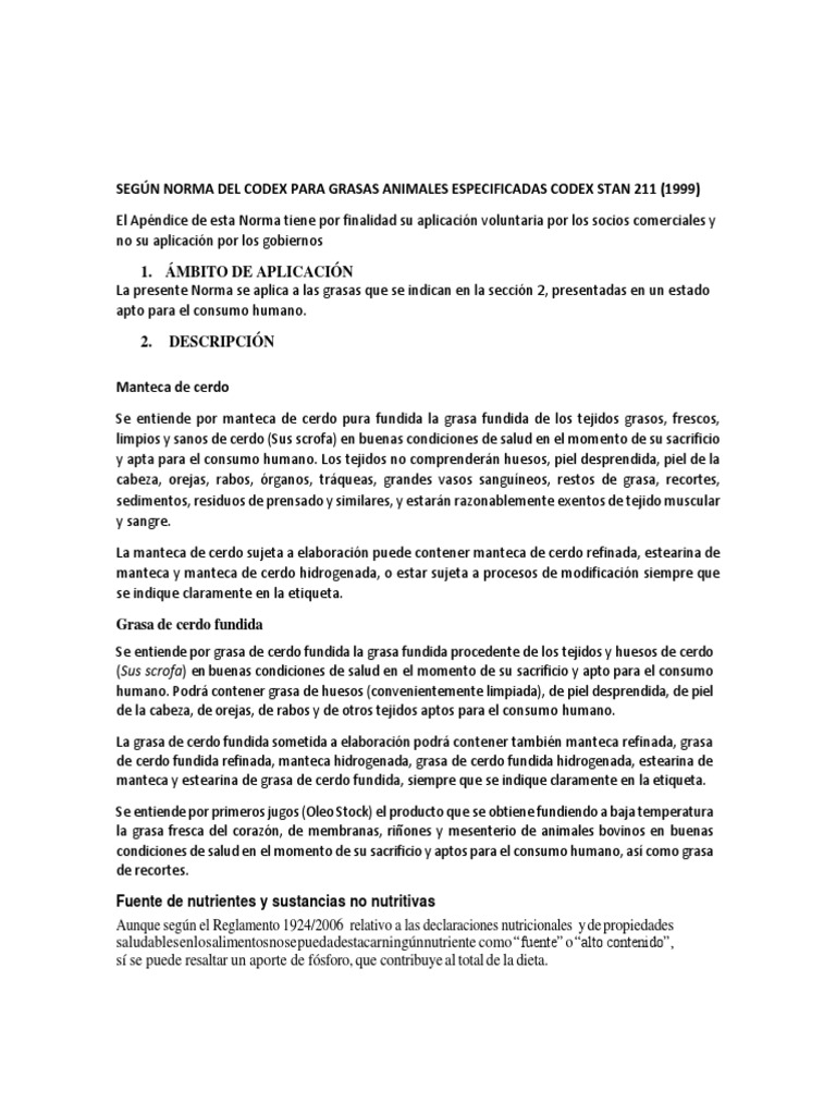 Según Norma Del Codex para Grasas Animales Especificadas Codex Stan 211 ...