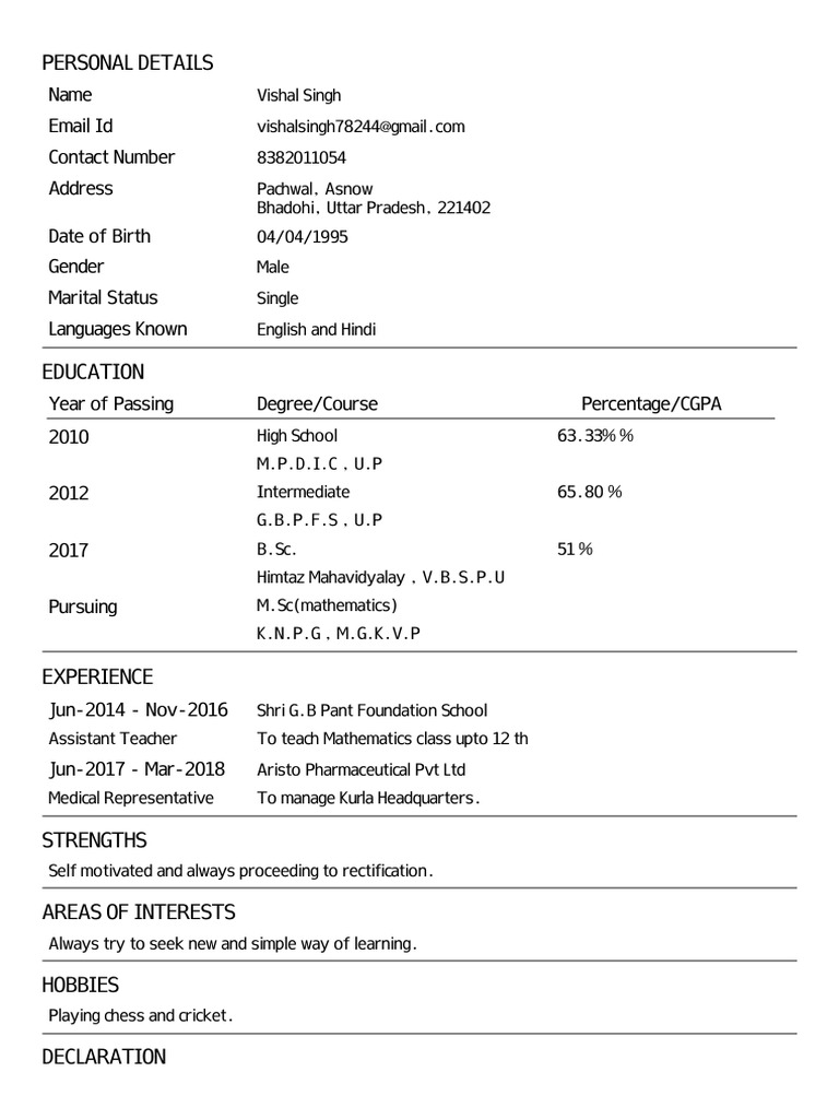 Personal Details: Name Email Id Contact Number Address Date of Birth ...