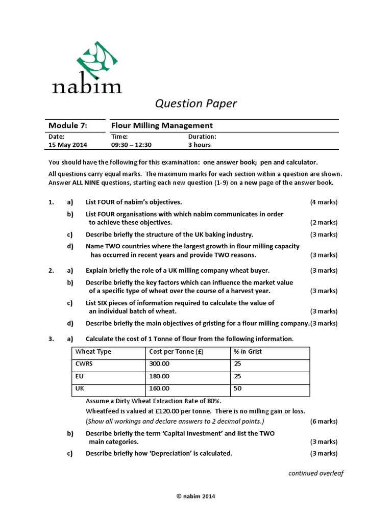 Question Paper: Flour Milling Management | PDF | Wheat | Flour