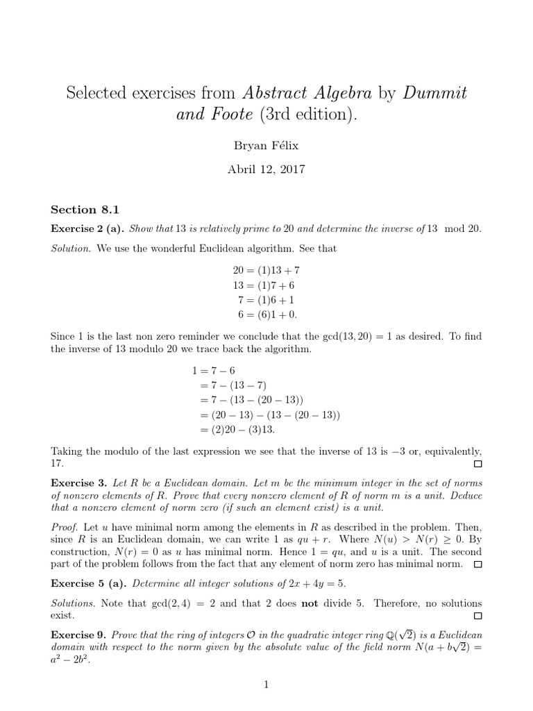 Selected Exercises From Abstract Algebra by Dummit and Foote (3rd ...