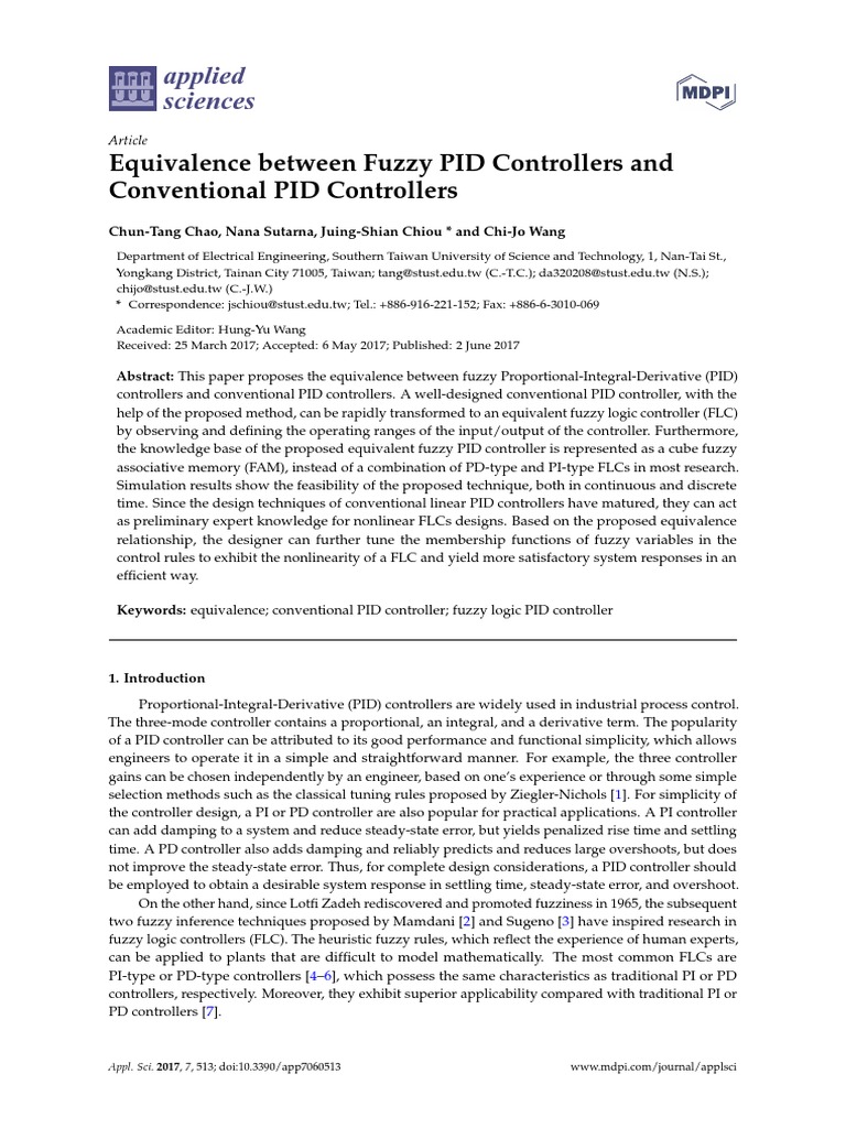 Applied Sciences: Equivalence Between Fuzzy PID Controllers and Conventional PID Controllers ...