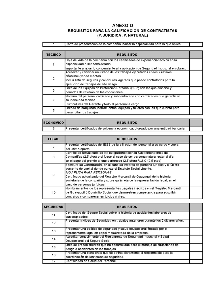 Anexo D (Requisitos para Contratistas) | PDF | Seguro | Justicia