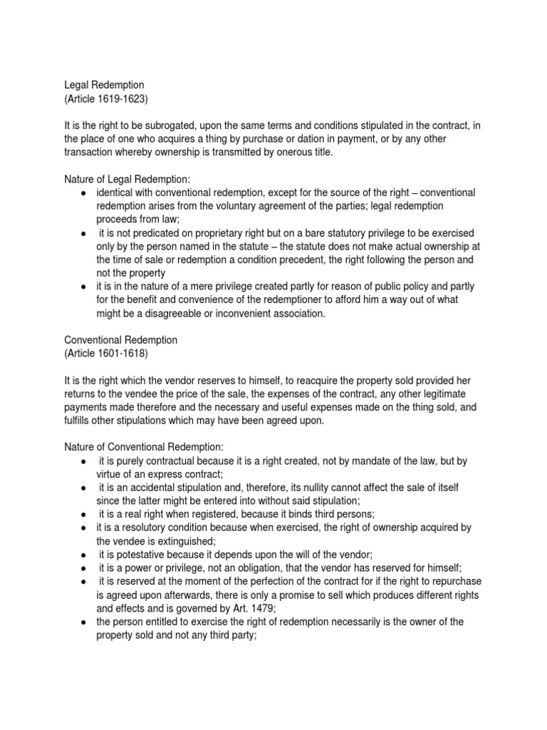 A Comparison of Legal Redemption and Conventional Redemption: Their ...