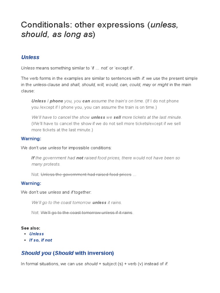Should, As Long As) : Conditionals: Other Expressions (Unless | PDF | Syntax | Grammar
