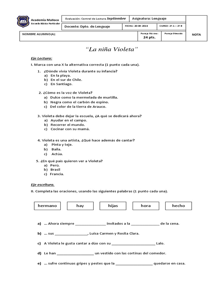 Prueba sobre "La niña Violeta" | PDF | Artes del Lenguaje y Comunicación