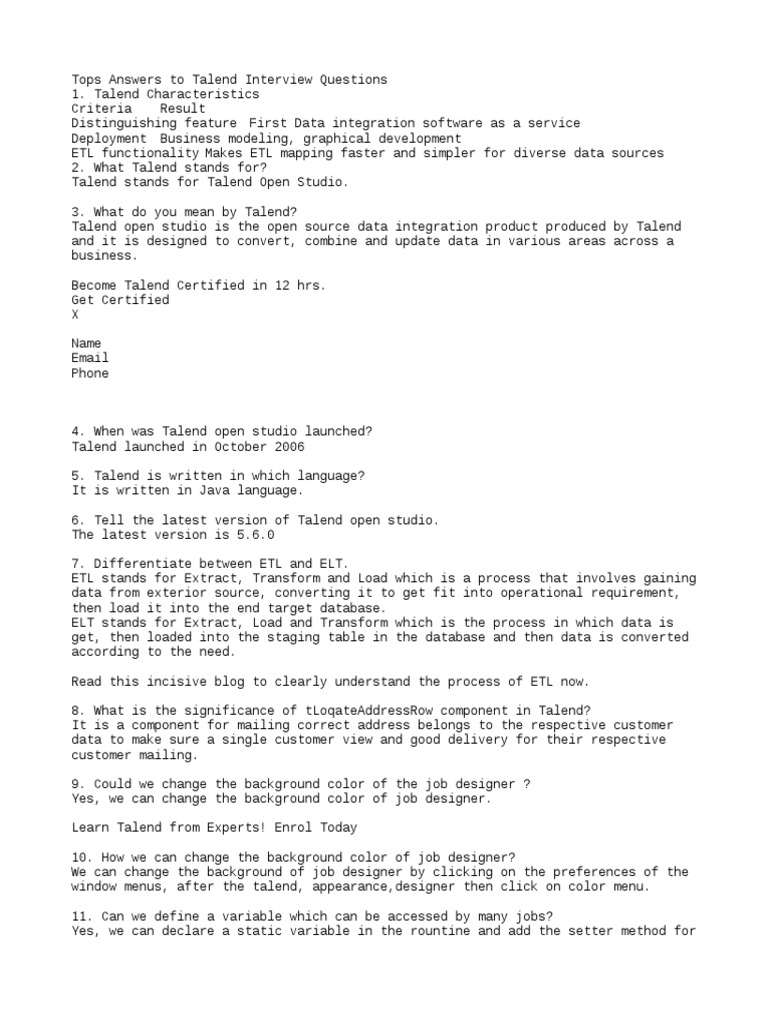 Answers To Talend Interview Questions | PDF | Data Warehouse | Big Data