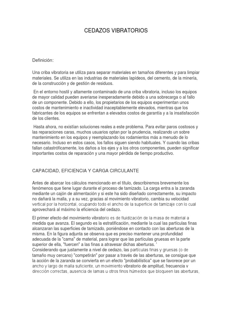 Definición y Eficiencia del Cedazo Vibratorio | PDF | Transporte | Residuos