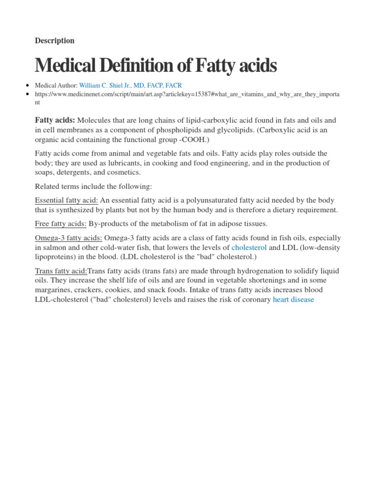 Medical Definition of Fatty Acids: Description | PDF