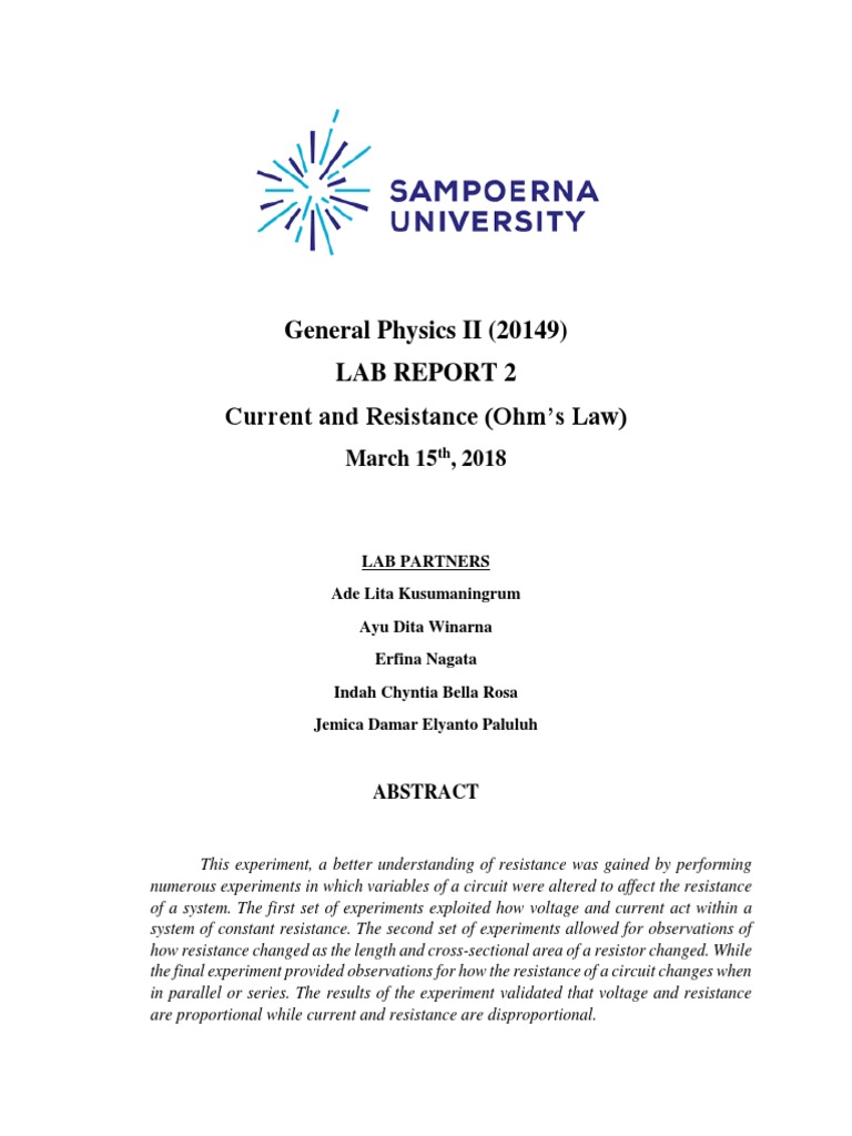 Lab Report Current & Resistance (Ohm's Law) | PDF | Electrical ...