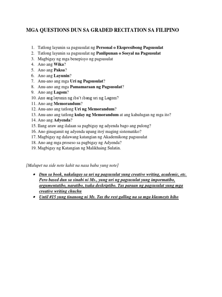 Mga Questions Dun Sa Graded Recitation Sa Filipino