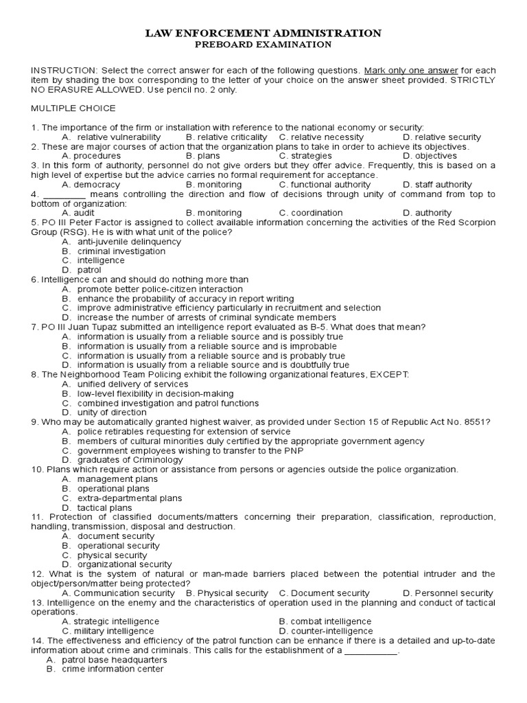 Law Enforcement Administration: Preboard Examination | PDF | Military ...