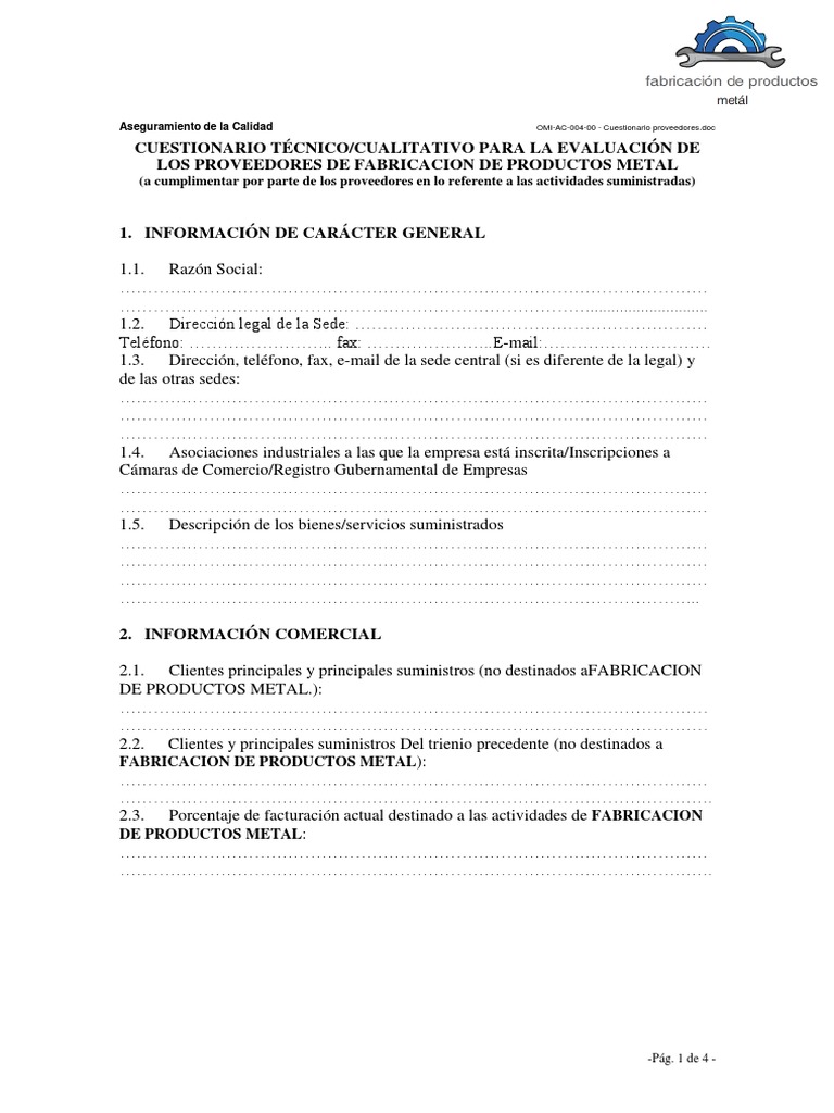 Cuestionario Evaluacion de Proveedores | Business Cuestionario Evaluacion de Proveedores | Business