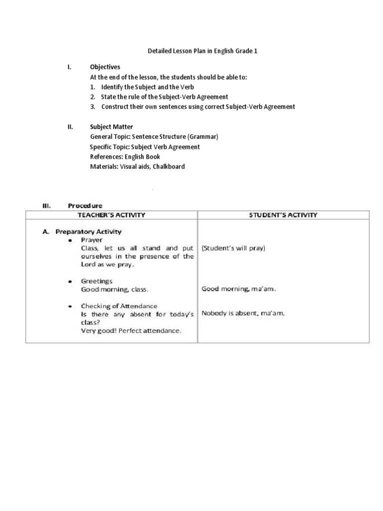 Grade 1 English Lesson Plan: Verbs | PDF | Language Arts & Discipline