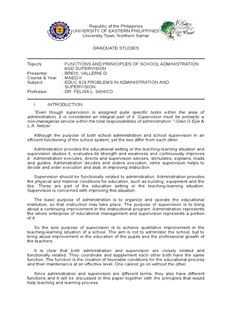 Functions and Priniciples of School Administration and Supervision ...