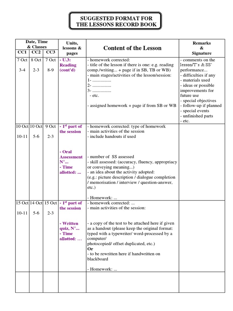 Content of The Lesson: Suggested Format For The Lessons Record Book ...