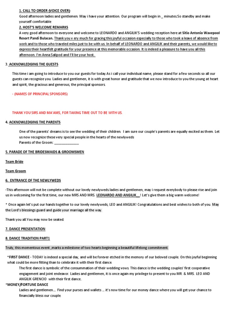 Wedding Reception Emcee Script | PDF | Wedding | Bridesmaid