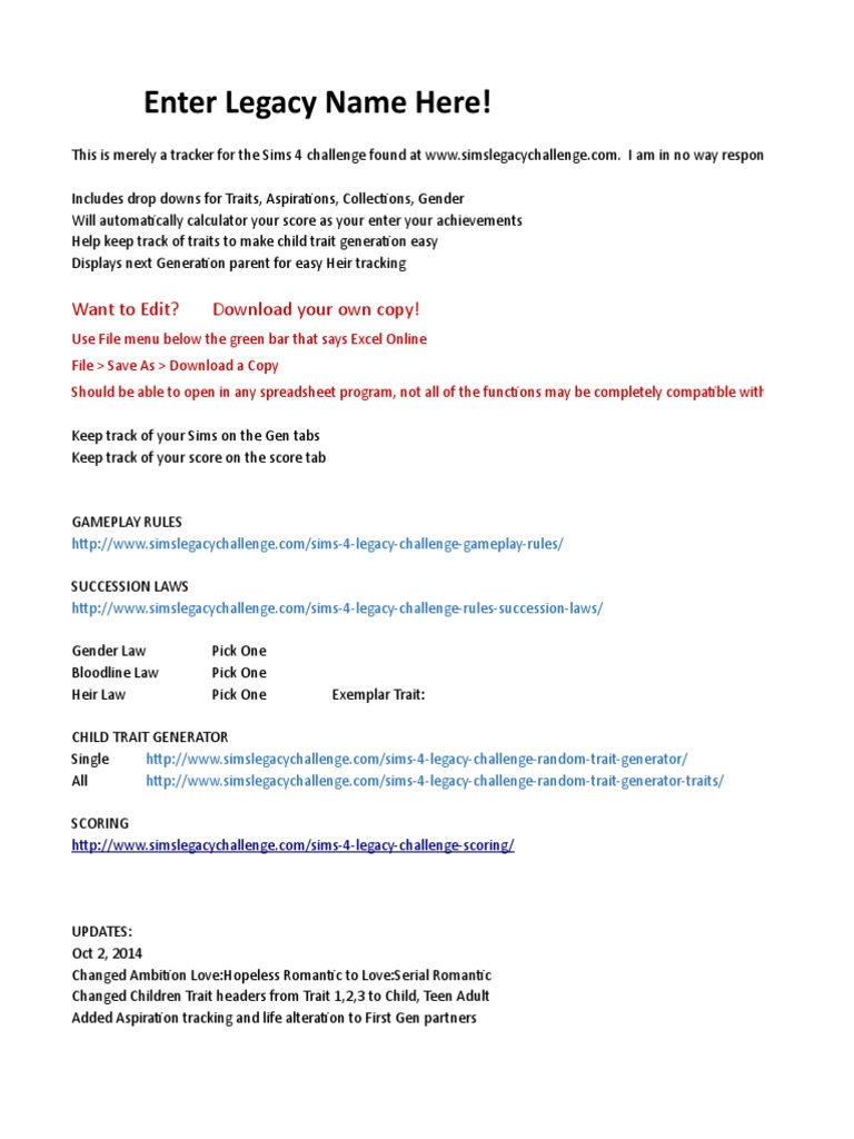 The Sims 4 Legacy Challenge Tracker - An Excel spreadsheet to track ...