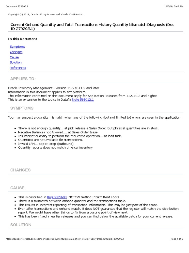 Current Onhand Quantity and Total Transactions History Quantity Mismatch Diagnosis (Doc ID ...