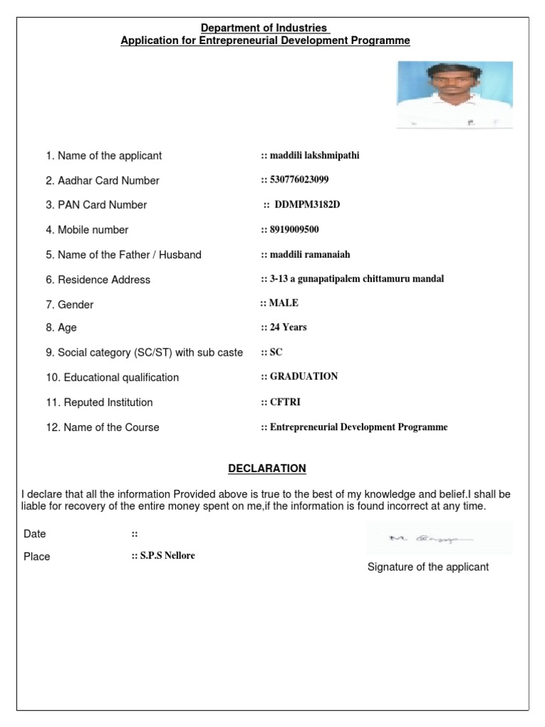 Entrepreneurial Development Application Form | PDF