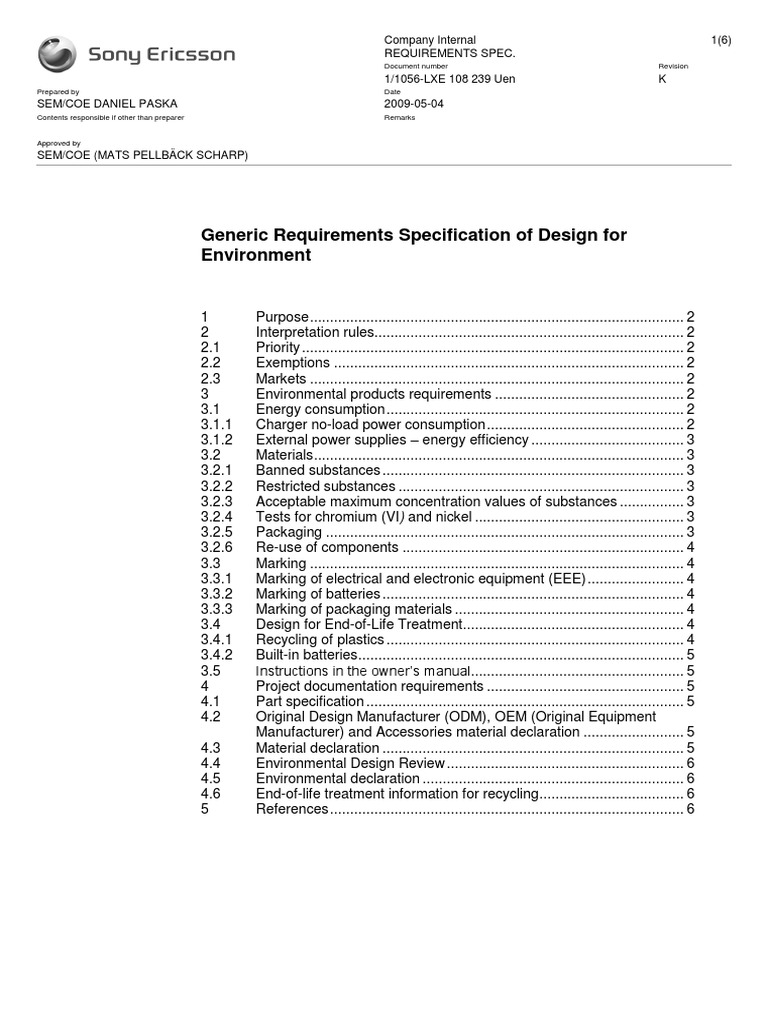 Generic Requirements Specification of Design For Environment | PDF ...