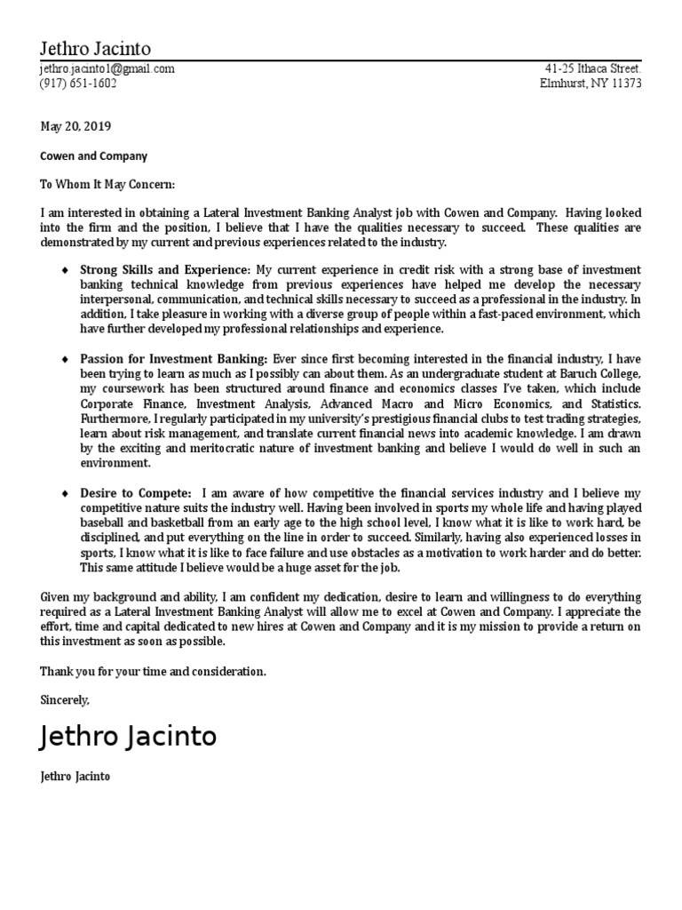 Wso Coverletter | PDF | Investment Banking | Banks