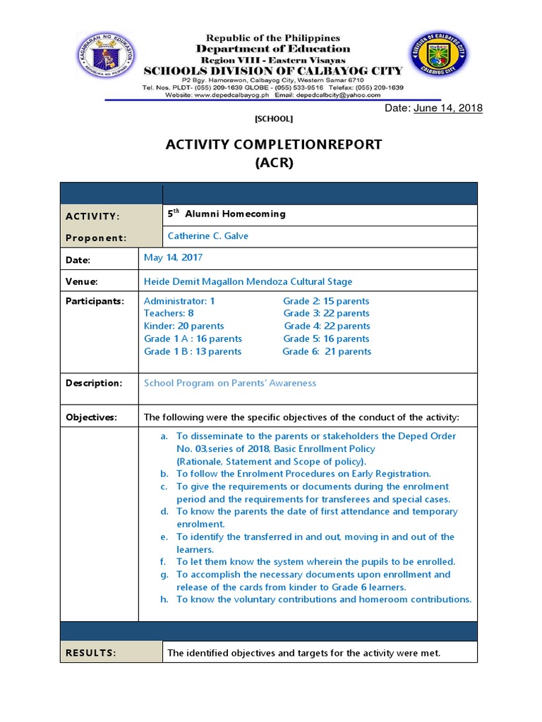 Accomplishment Completion Report (ACR) | PDF | Behavior Modification | Learning
