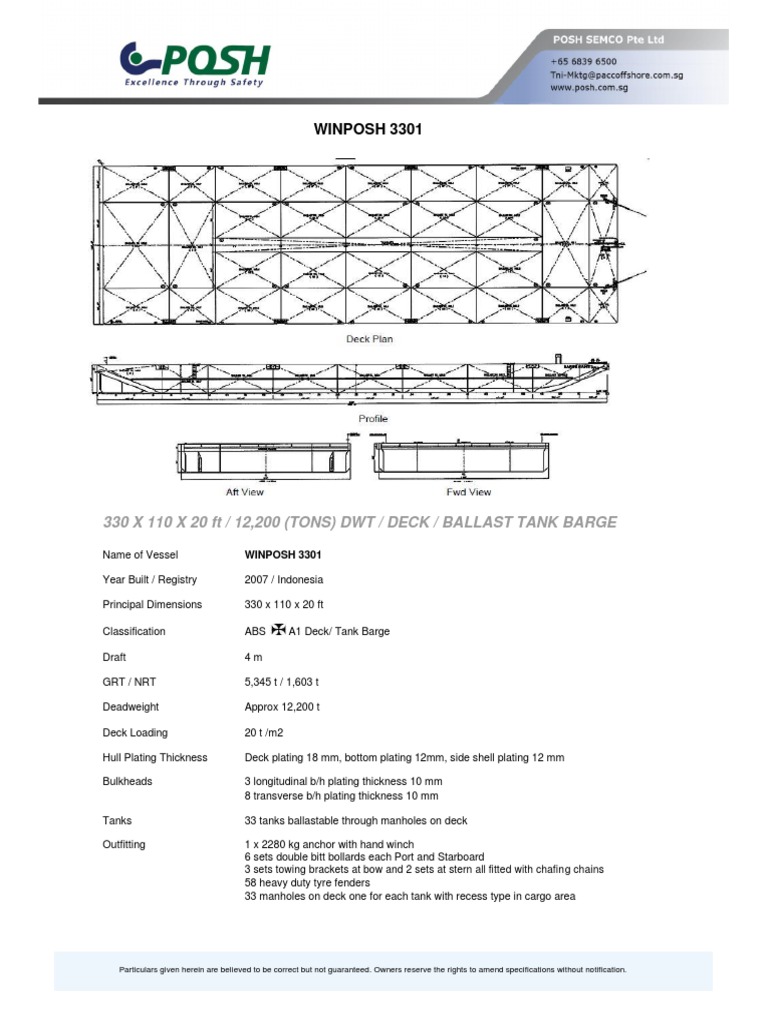 Winposh 3301 Barge Specifications | PDF | Home & Garden