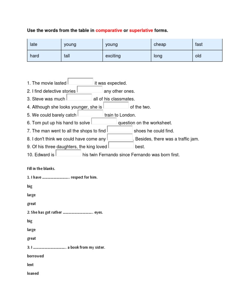 Use The Words From The Table in or Forms.: Comparative Superlative | PDF