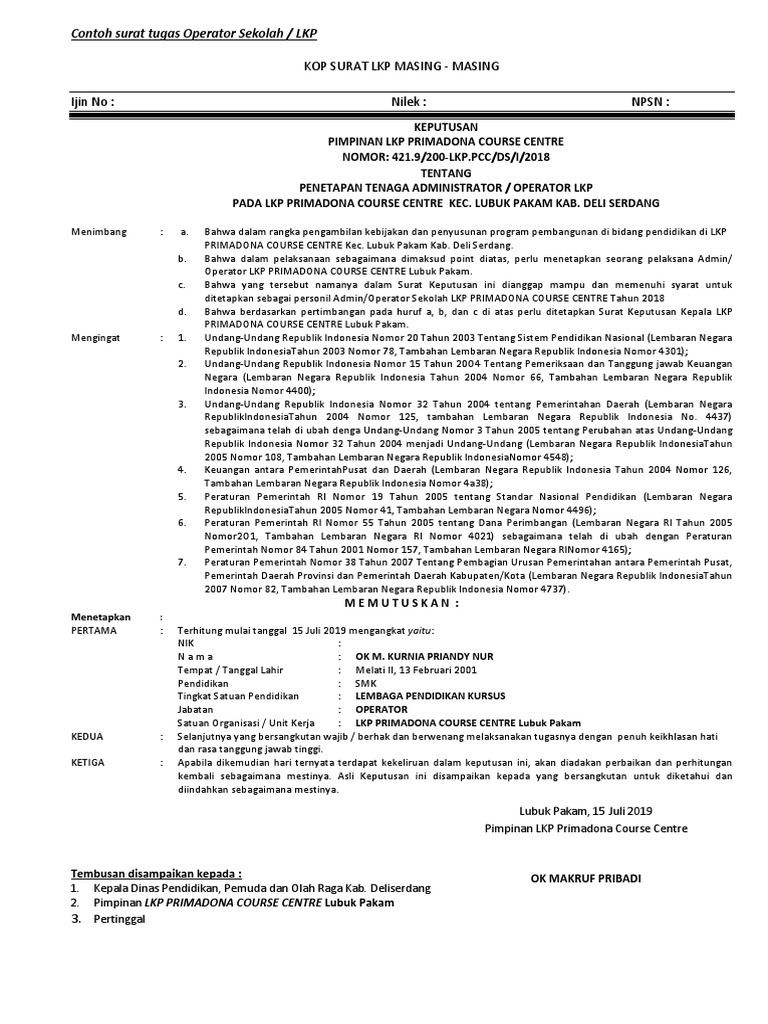 Contoh SK Operator Lembaga Kursus | PDF