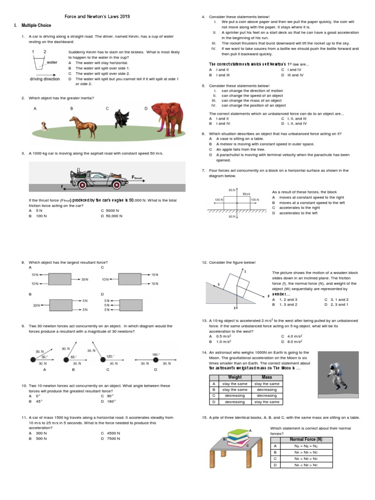Force and Newton's Laws 2019: I. Multiple Choice | PDF | Force | Friction