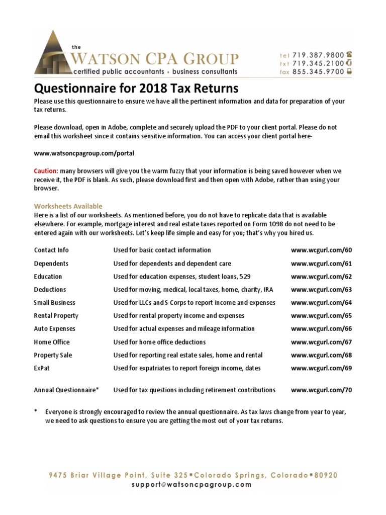 Questionnaire For 2018 Tax Returns: Worksheets Available | PDF ...