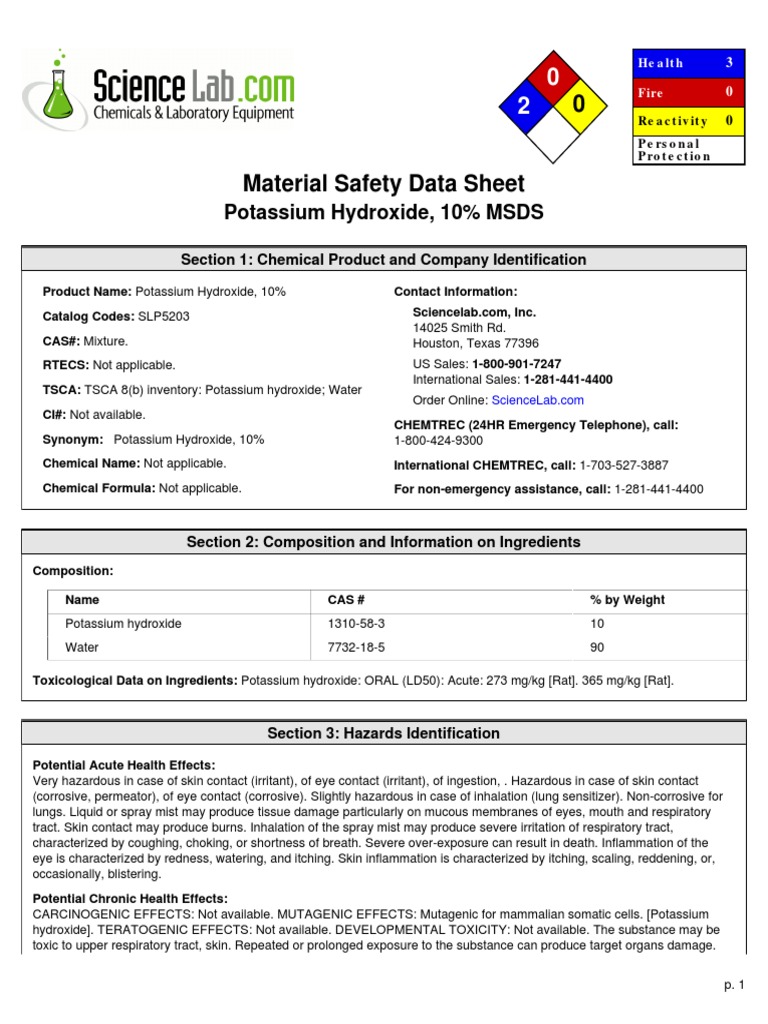 Msds Reagen Koh 10% | PDF | Toxicity | Solubility