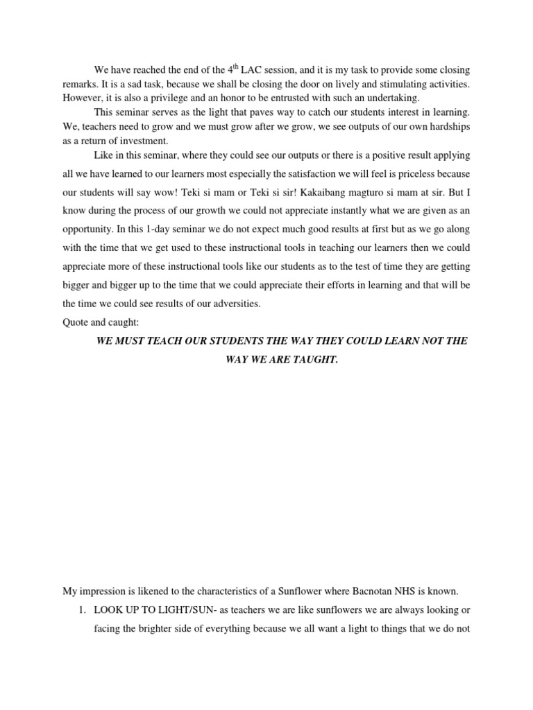 Closing remarks on the impactful 4th LAC seminar | PDF | Educational ...