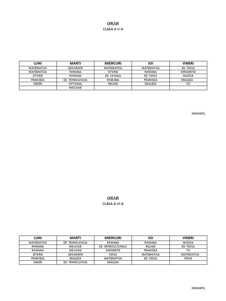 Luni Marti Miercuri JOI Vineri: Clasa A V-A | PDF