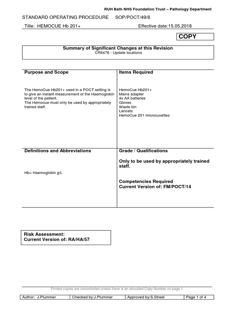 Standard Operating Procedure Sop/Poct/49/8 Title: HEMOCUE HB 201 ...