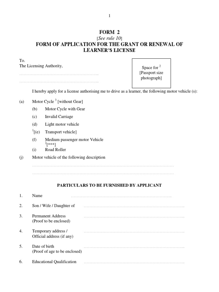 Form 2 Form of Application For The Grant or Renewal of Learner'S License | PDF | Driver's ...