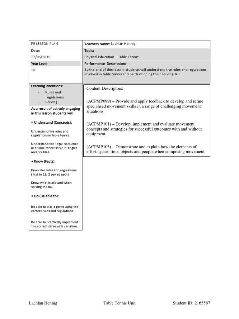 Pe Lesson Plan Teachers Name: Lachlan Hennig | PDF | Lesson Plan ...