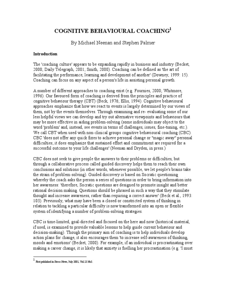Cognitive Behavioural Coaching: by Michael Neenan and Stephen Palmer ...