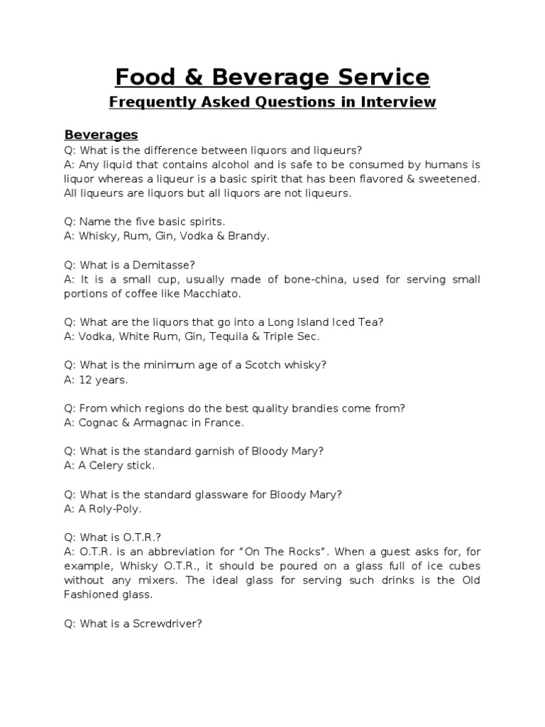 Food & Beverage Service: Frequently Asked Questions in Interview | PDF ...