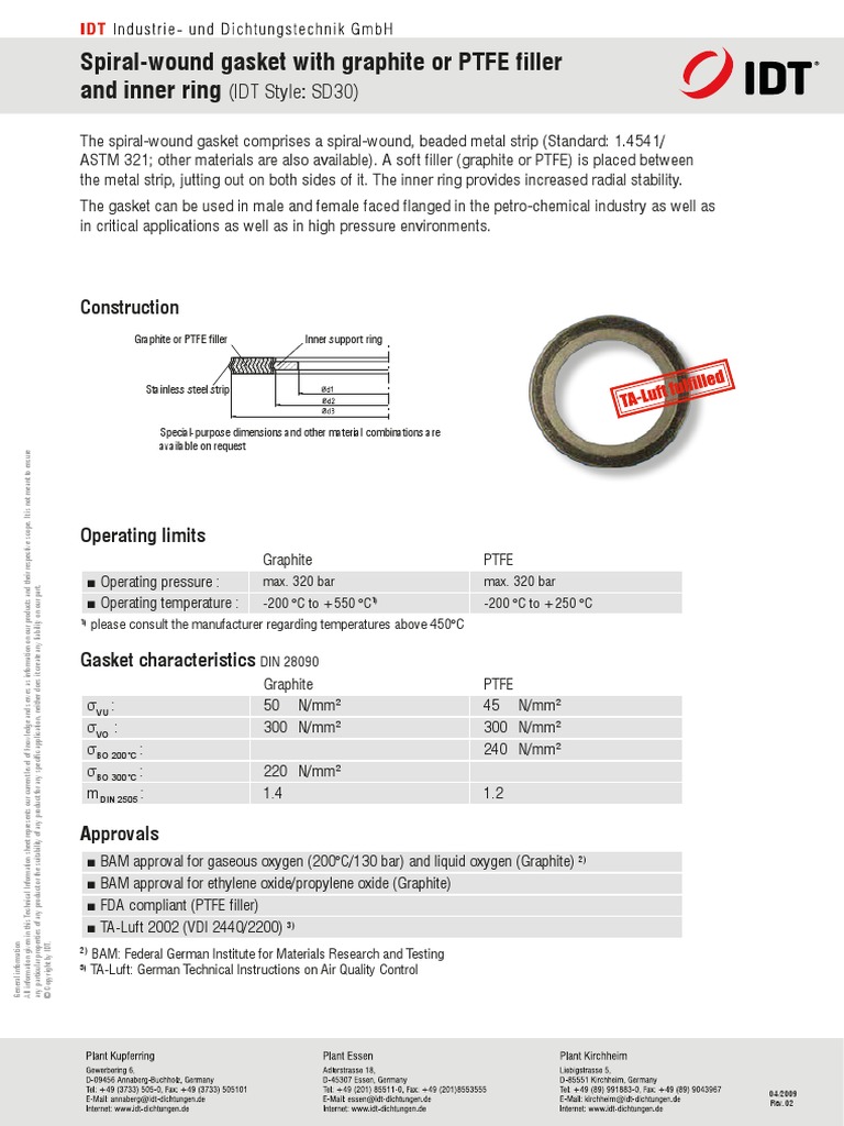 Spiral-Wound Gasket With Graphite or PTFE Filler and Inner Ring | PDF ...