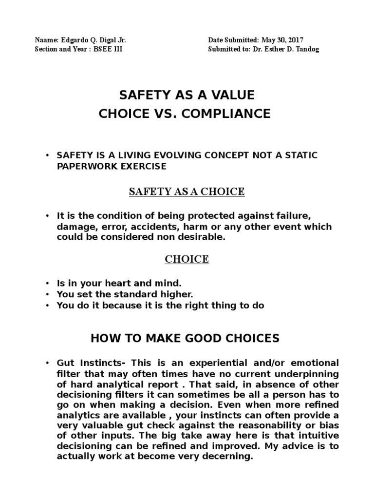 Safety As A Value Choice vs. Compliance | PDF | Occupational Safety And ...