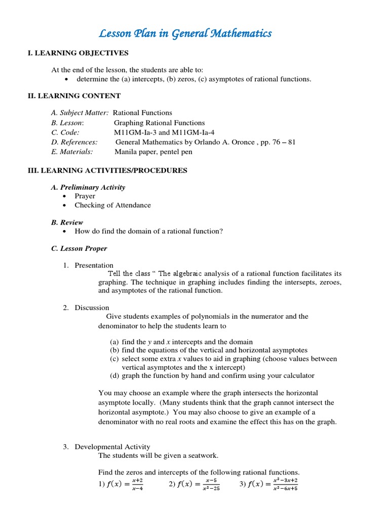 Lesson Plan in General Mathematics: I. Learning Objectives | PDF ...
