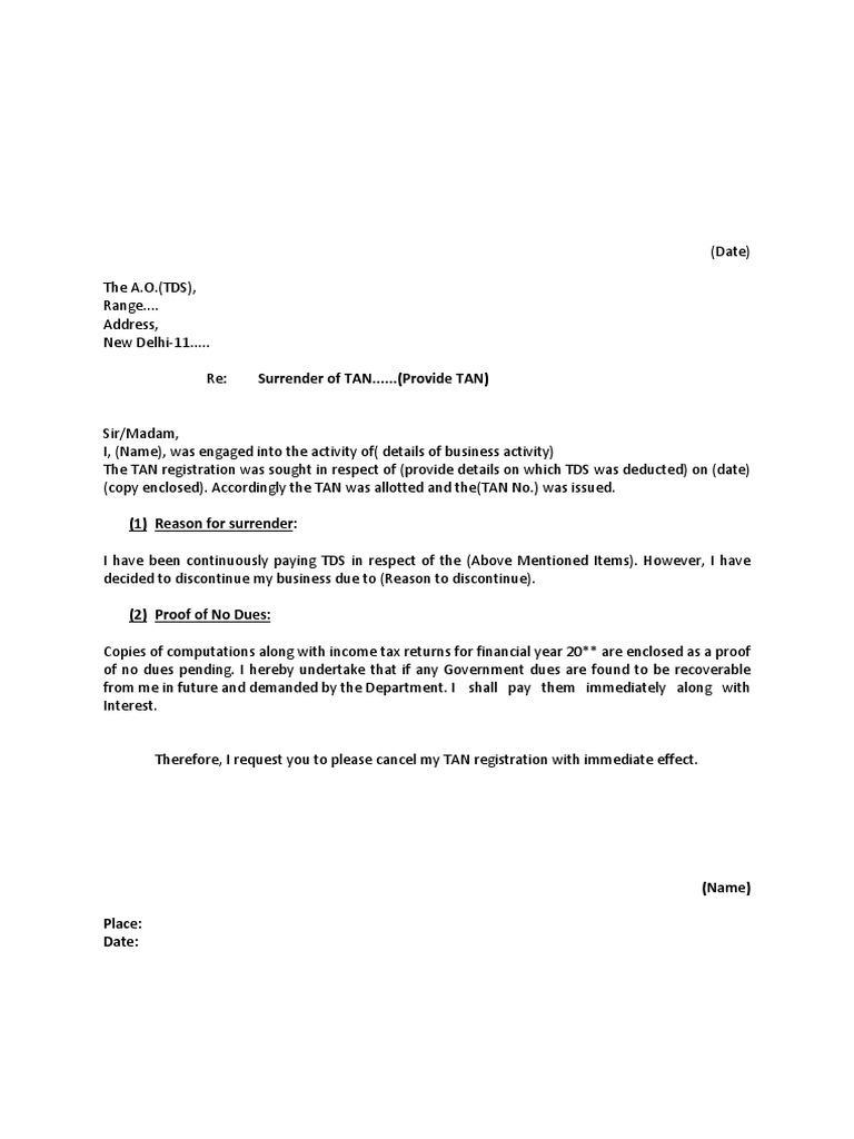 TAN Surrender Request Letter Template | PDF