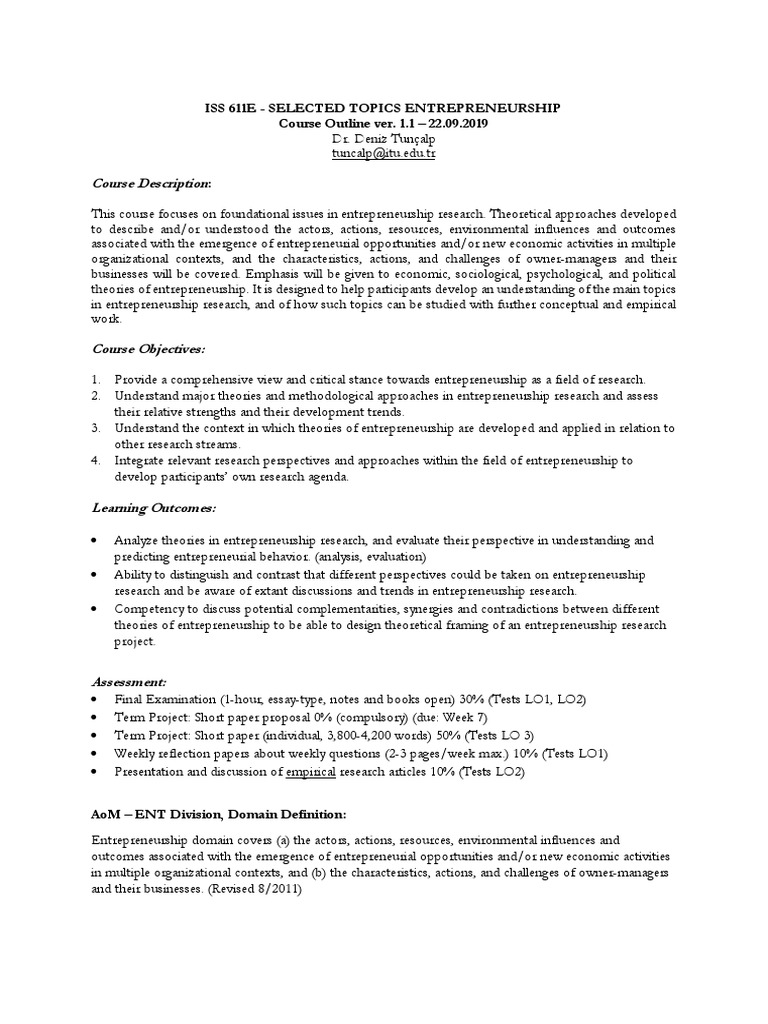 Course Description: Iss 611E - Selected Topics Entrepreneurship Course ...