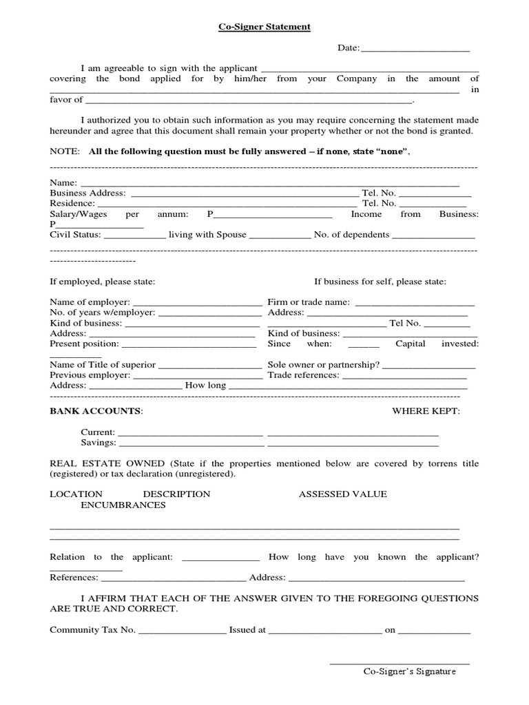 Co Signer Statement | PDF | Taxes | Business