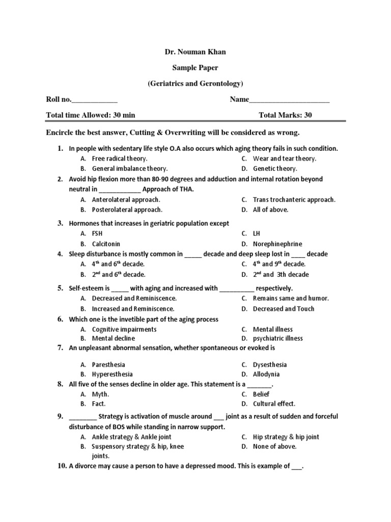 Geriatrics Sample Paper | PDF | Ageing | Geriatrics