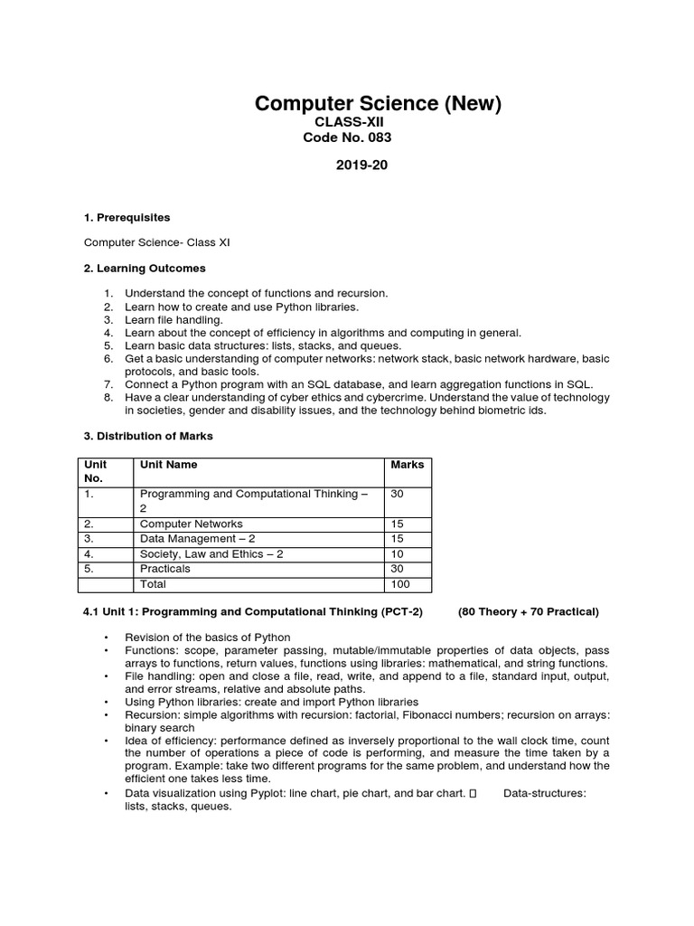 Computer Science (New) : Class-Xii Code No. 083 2019-20 | PDF ...